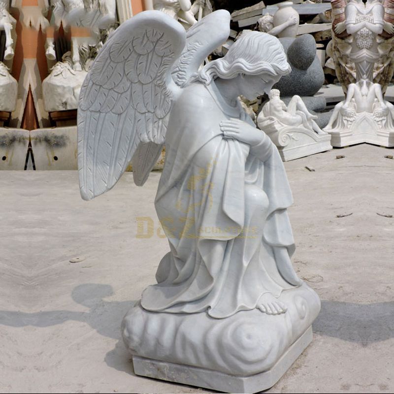 White Marble Kneeling Weeping Angel With Wing Headstone Statue Tombstone